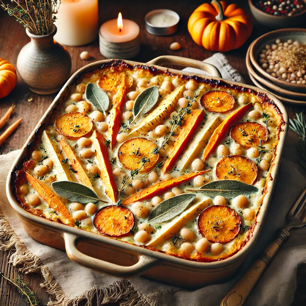 Creamy White Bean & Root Vegetable Gratin with Fall Herbs - Oro Valentio
