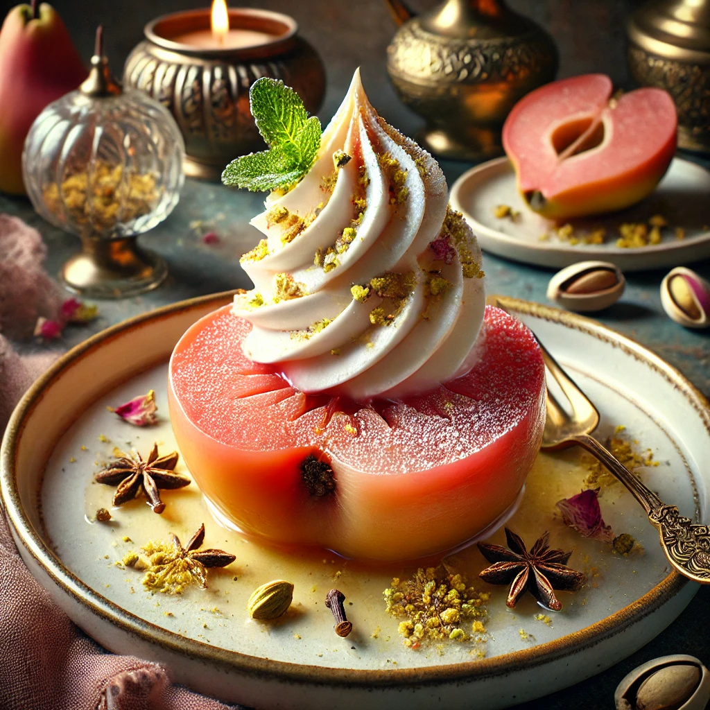 Clove-Poached Quince with Rose Cream & Pistachio Crumb - Oro Valentio
